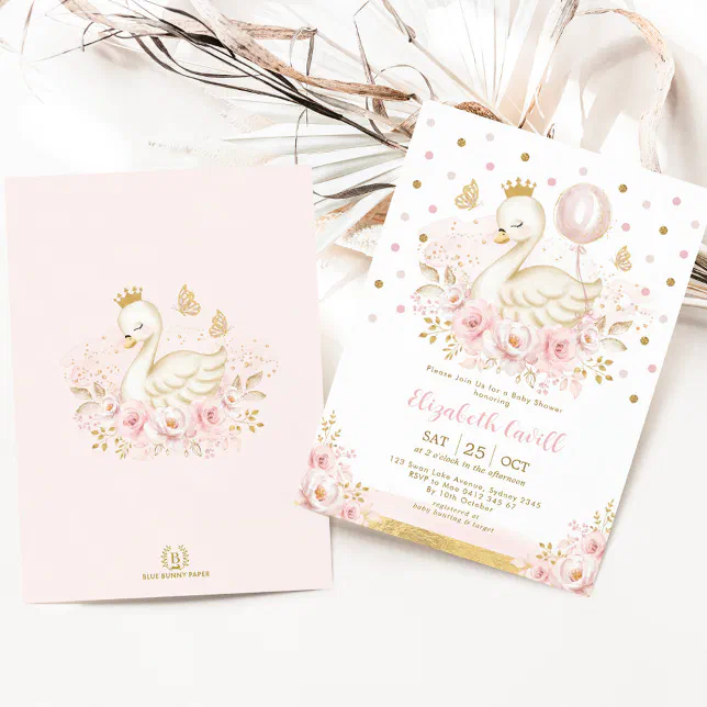 Pink Gold Swan Princess Balloon Birthday Party Invitation | Zazzle