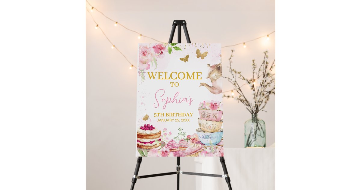 Pink Gold Tea Par-Tea Birthday Party Welcome Sign | Zazzle