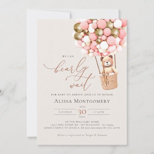 Pink Gold Teddy Bear Balloon Girl Bearly Wait Invitation | Zazzle