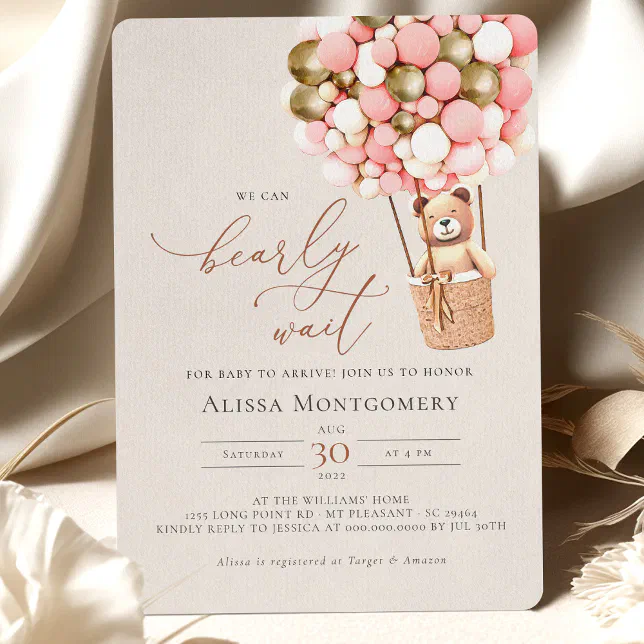 Pink Gold Teddy Bear Balloon Girl Bearly Wait Invitation | Zazzle