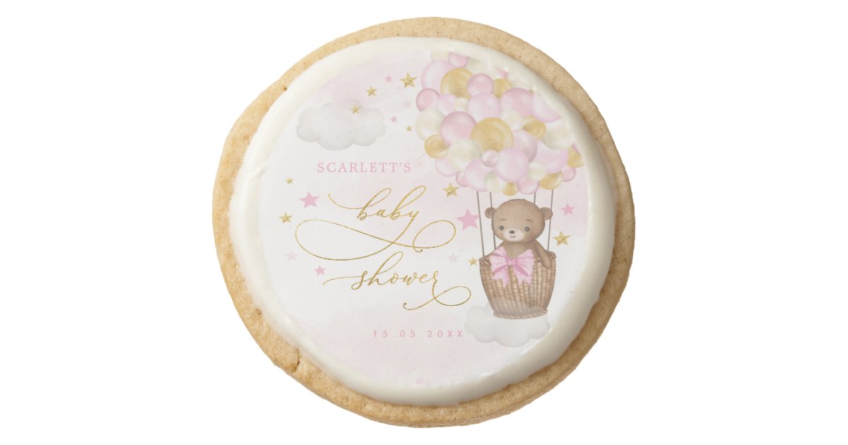 Pink Gold Teddy Bear Hot Air Balloon Baby Girl Round Shortbread Cookie ...