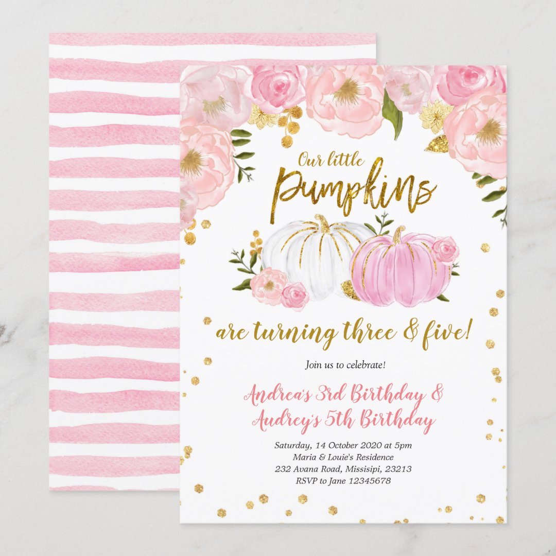 Pink Gold Two Little Pumpkins Birthday Invitation | Zazzle
