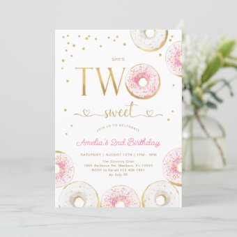 Pink Gold Two Sweet Donuts 2nd Birthday Invitation | Zazzle