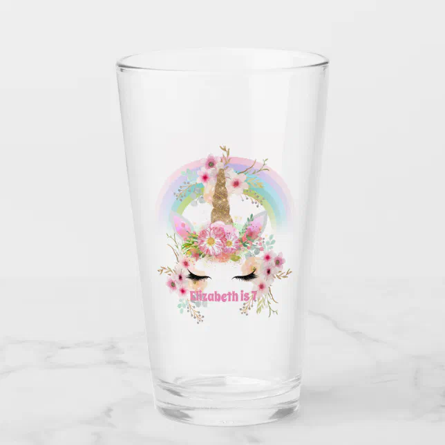 Pink Gold UNICORN Rainbow Flowers Girls NAMED Gift Glass | Zazzle