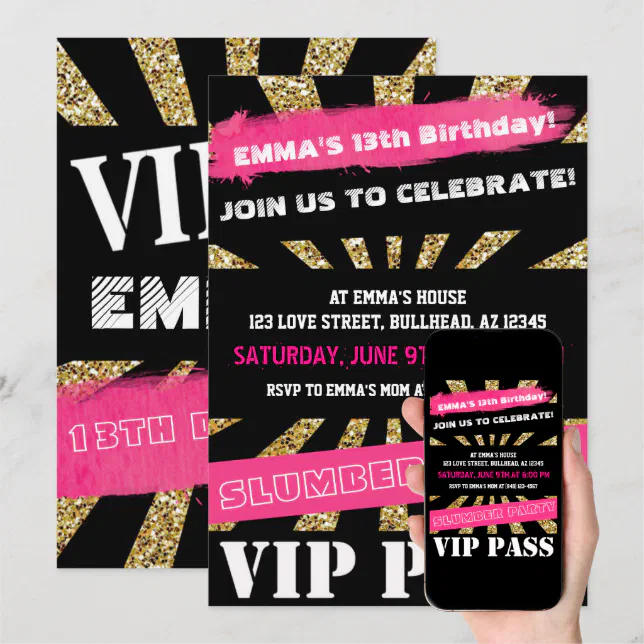 Pink & Gold VIP PASS Girls Sleepover Teenage Girl Invitation | Zazzle