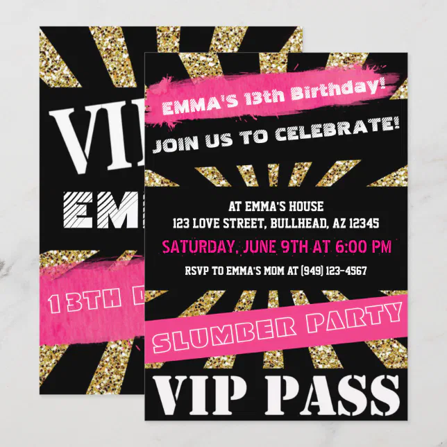 Pink & Gold VIP PASS Girls Sleepover Teenage Girl Invitation | Zazzle