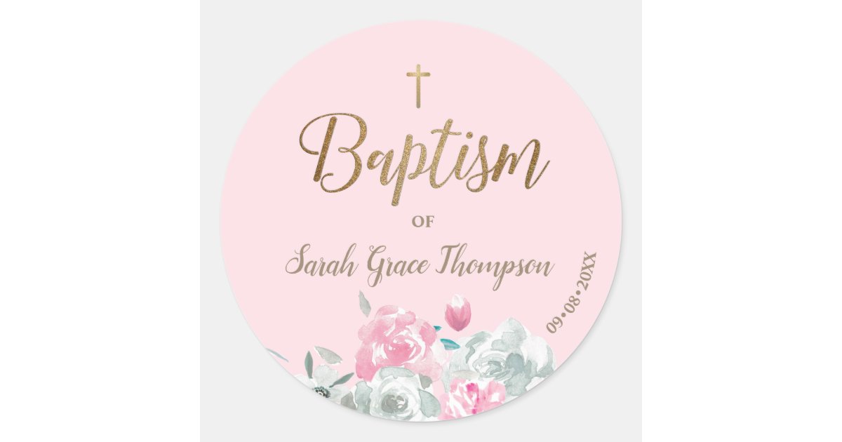Pink Gold Watercolor floral Baby girl baptism Classic Round Sticker ...