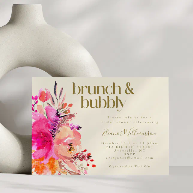 Pink Gold Watercolor Floral Bridal Brunch Message Invitation | Zazzle