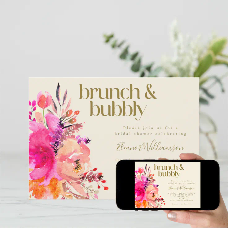 Pink Gold Watercolor Floral Bridal Brunch Message Invitation | Zazzle