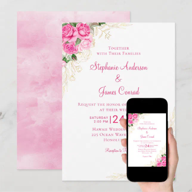 Pink Gold Watercolor Floral Wedding Invitation | Zazzle