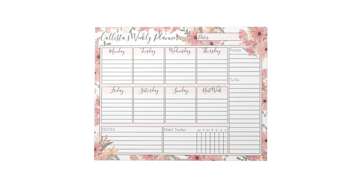 Pink Gold Watercolor Floral Weekly Custom Planner Notepad | Zazzle