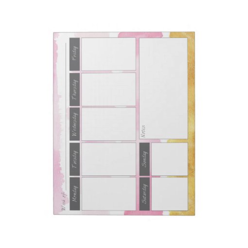 Pink & Gold Watercolor Weekly Pattern Notepad | Zazzle