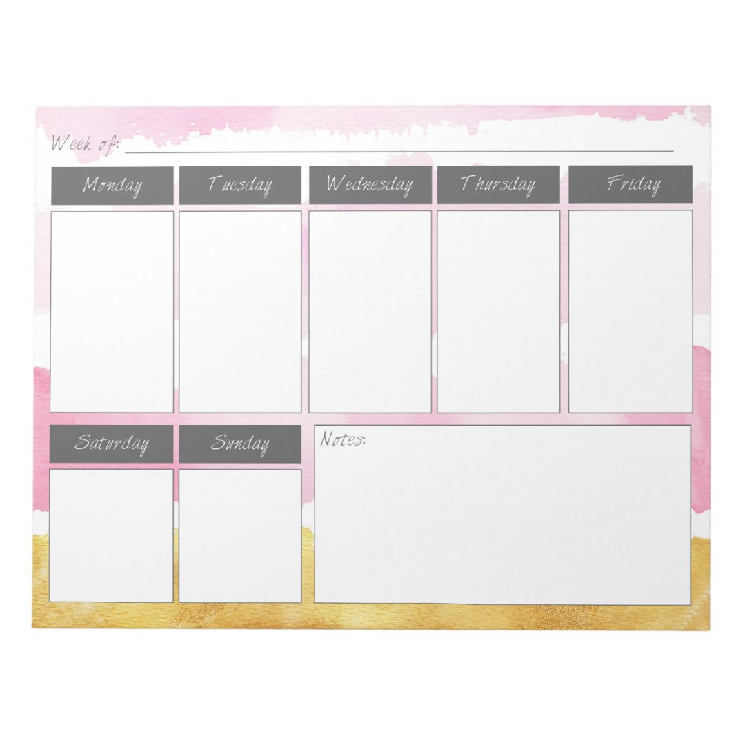Pink & Gold Watercolor Weekly Pattern Notepad | Zazzle