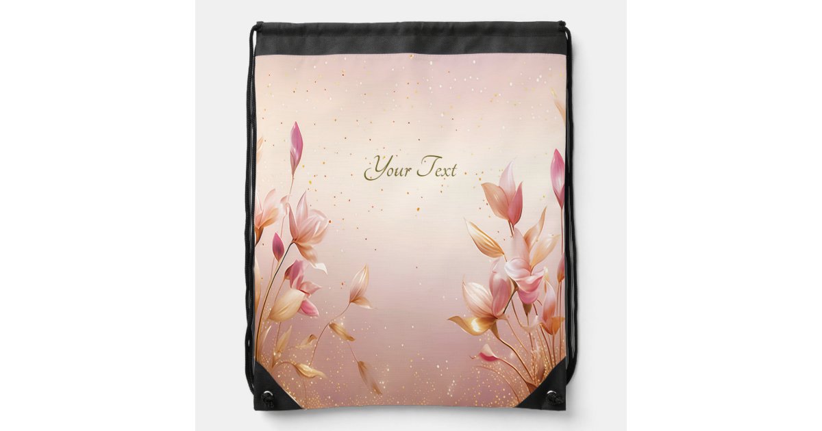 Pink Golden Leaves Floral Drawstring Backpack | Zazzle