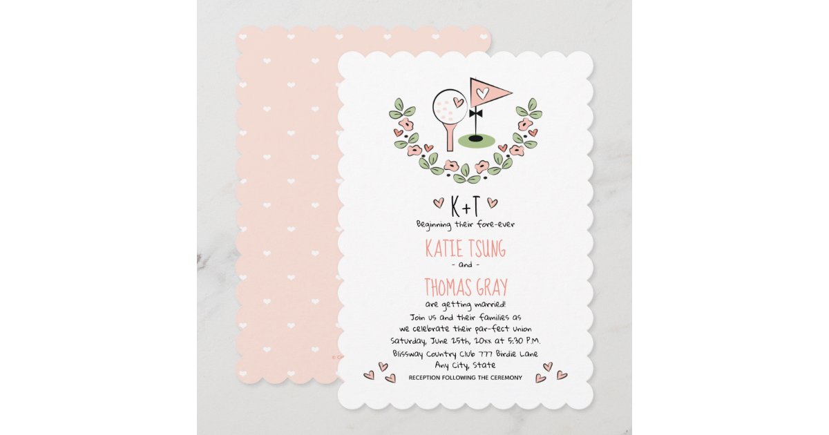 Pink Golf Themed Floral and Hearts Wedding Invitation | Zazzle