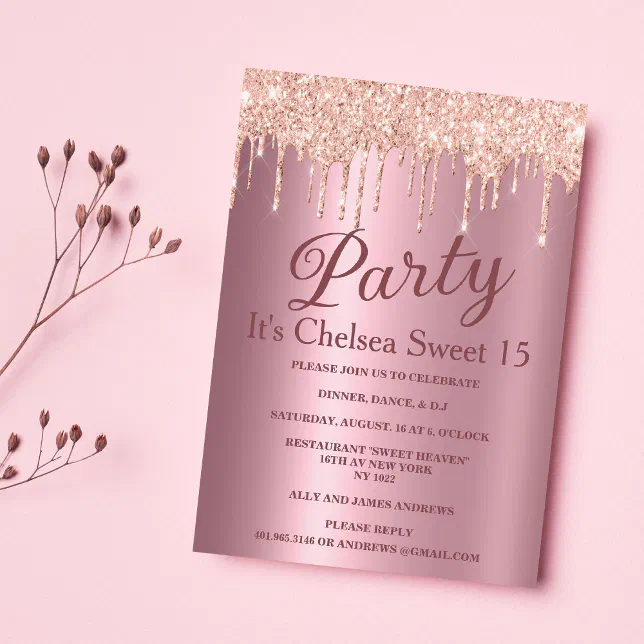 Pink gradient rose gold glitter drips Sweet 15 Invitation | Zazzle