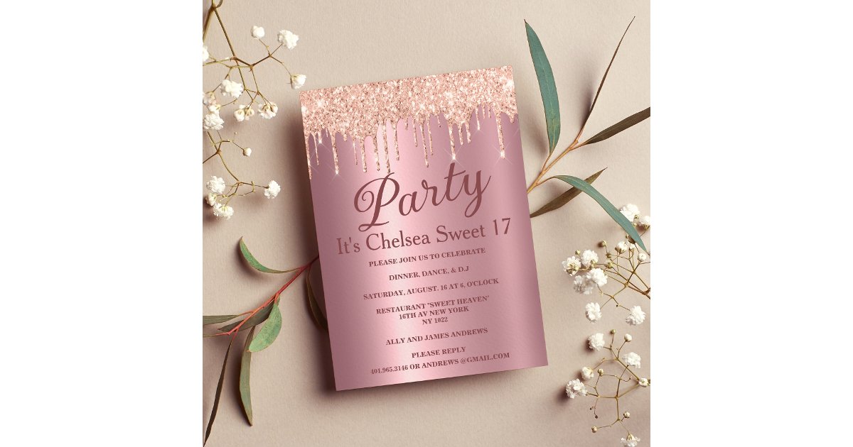 Pink gradient rose gold glitter drips Sweet 17 Invitation | Zazzle