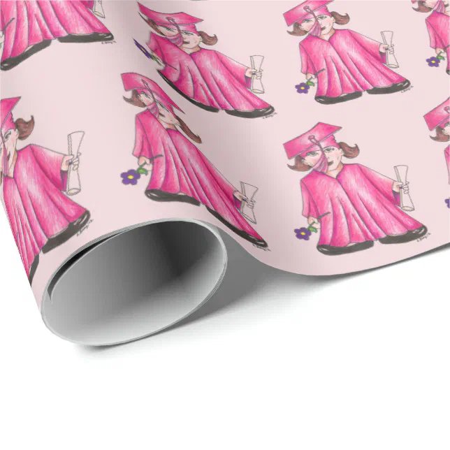 Pink Graduate Girl Cap Gown Diploma Graduation Wrapping Paper | Zazzle