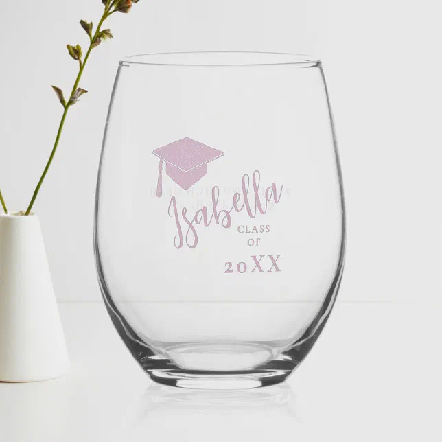 Pink Graduation Cap Calligraphy Personalized Gift Stemless Wine Glass ...