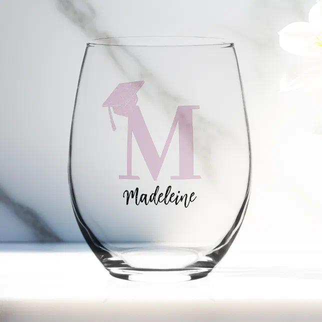 Pink Graduation Cap Monogram Minimalist Chic Gift Stemless Wine Glass ...