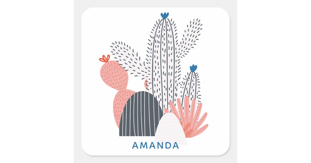 Pink gray cactus. Modern abstract cacti succulent Square Sticker | Zazzle