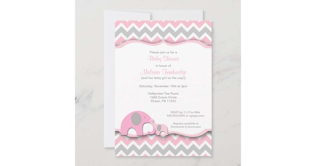 Pink & Gray Chevron Elephants Baby Shower Invites | Zazzle