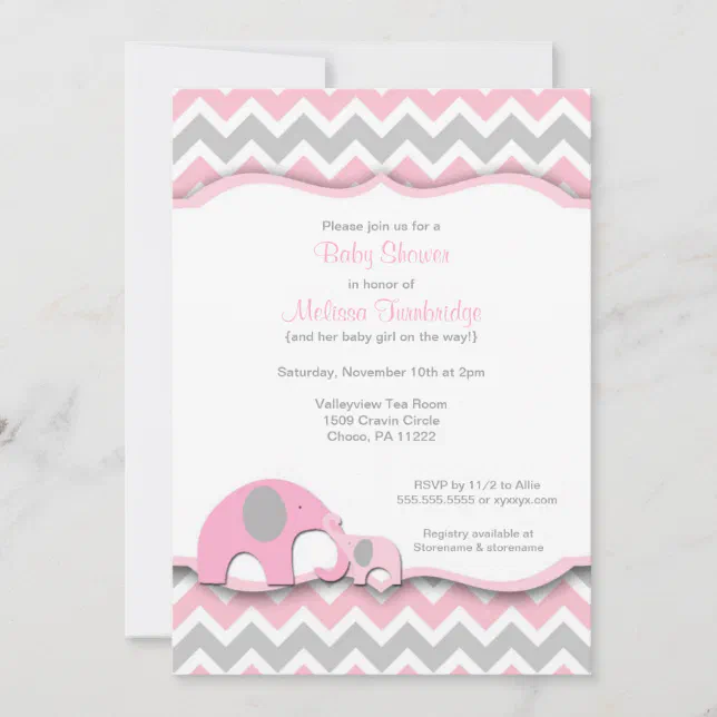Pink & Gray Chevron Elephants Baby Shower Invites | Zazzle
