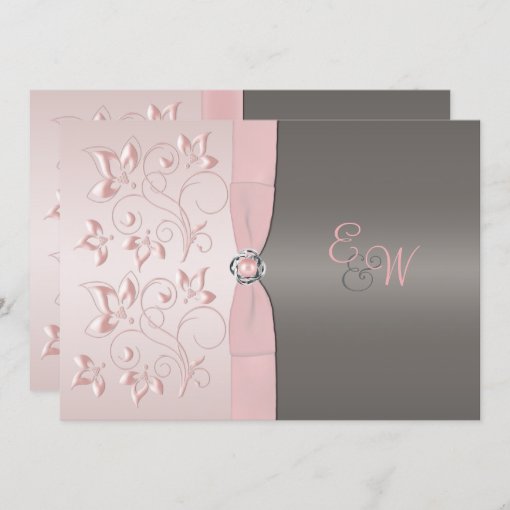 Pink, Gray Floral Monogram Wedding Invitation | Zazzle