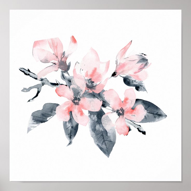Pink & Gray Flowers Classy Watercolor Poster | Zazzle