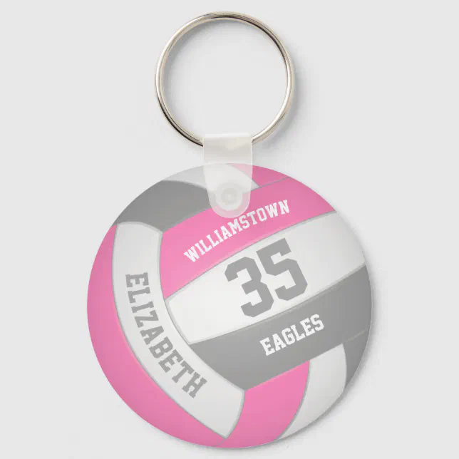 pink gray girly personalized team name volleyball keychain | Zazzle