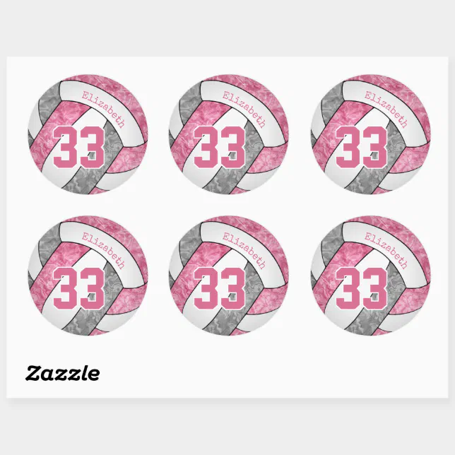 pink gray white personalized girls volleyball classic round sticker ...