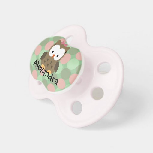 Pink/Green/Brown Owl, Personalized Girls Pacifier | Zazzle