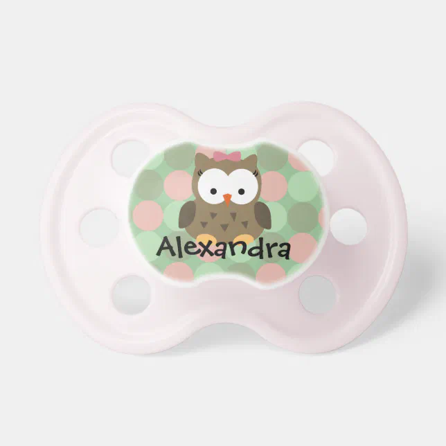 Pink/Green/Brown Owl, Personalized Girls Pacifier | Zazzle