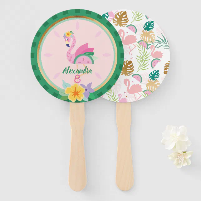 Pink Green Flamingo & Watermelon Tropical Birthday Hand Fan | Zazzle