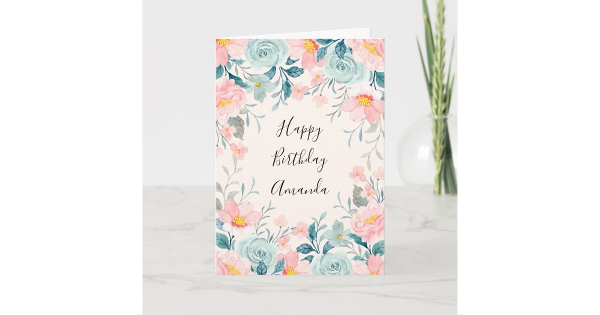 Pink & Green Floral Border Birthday Card | Zazzle