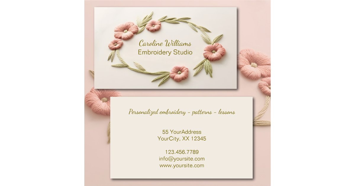 Pink green floral embroidery business card | Zazzle