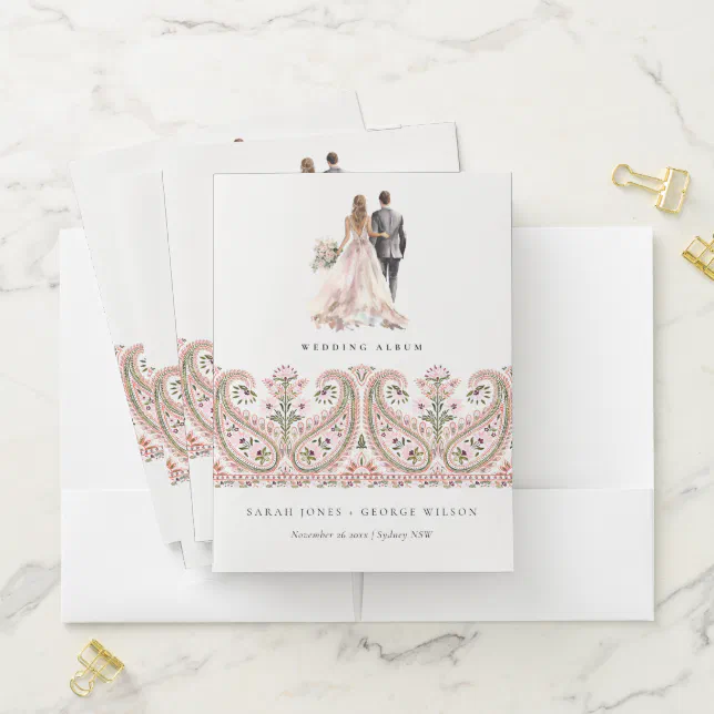 Pink Green Floral Paisley Motif Wedding Couple Pocket Folder | Zazzle