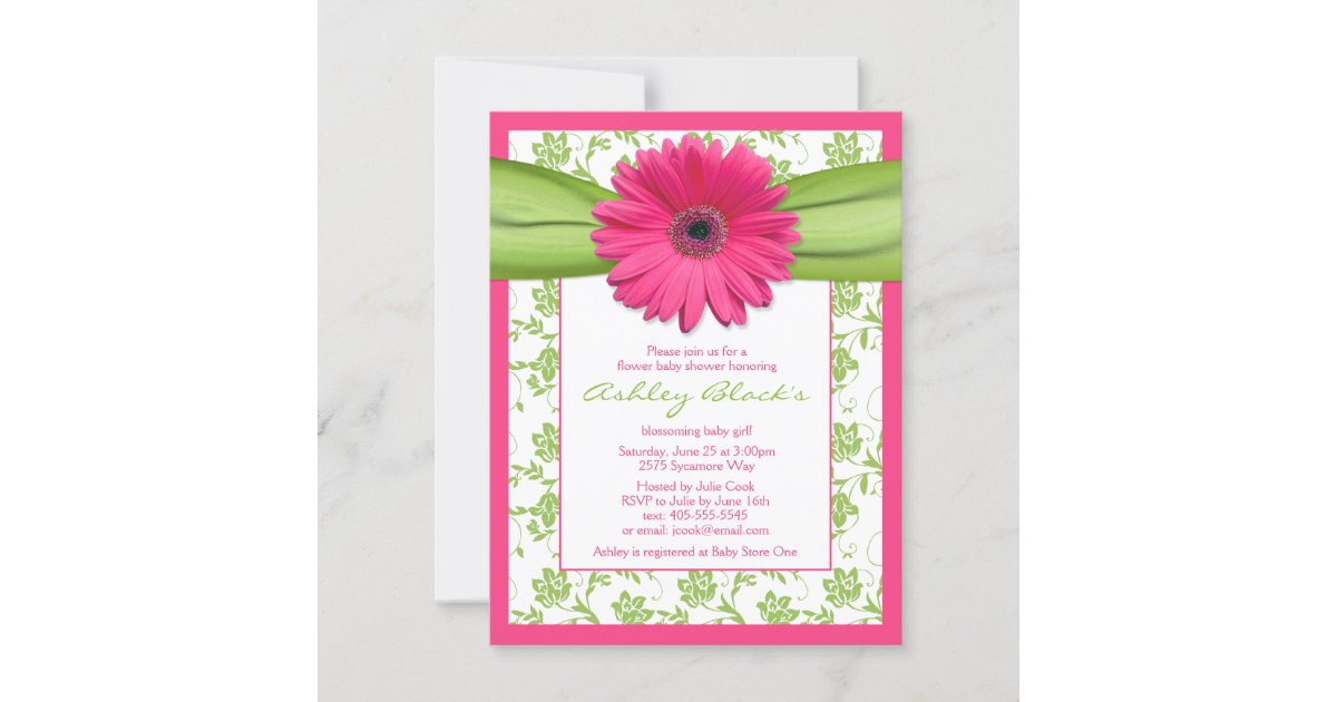 Pink Green Gerbera Daisy Baby Shower Invitation | Zazzle