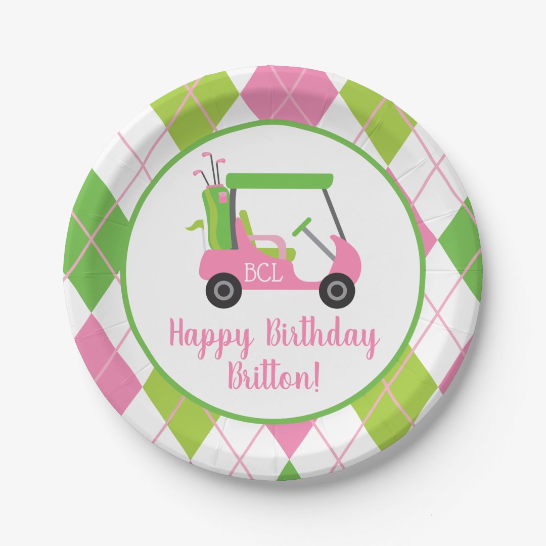 Pink & Green Golf Personalized Party Plates | Zazzle