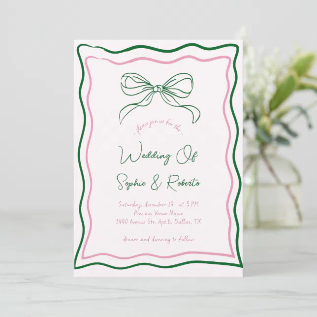 Pink & Green Hand Drawn Retro Bow French Wedding Invitation | Zazzle