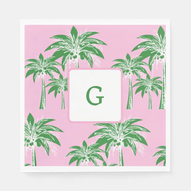 Pink Green Palm Tree Preppy Summer Beach Monogram Napkins | Zazzle