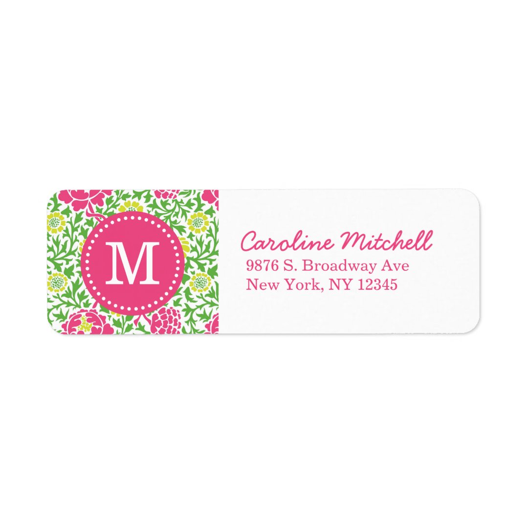 Pink & Green Retro Floral Damask Custom Monogram Label | Zazzle