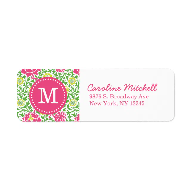 Pink & Green Retro Floral Damask Custom Monogram Label | Zazzle