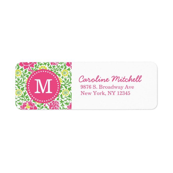 Pink & Green Retro Floral Damask Custom Monogram Label | Zazzle.com
