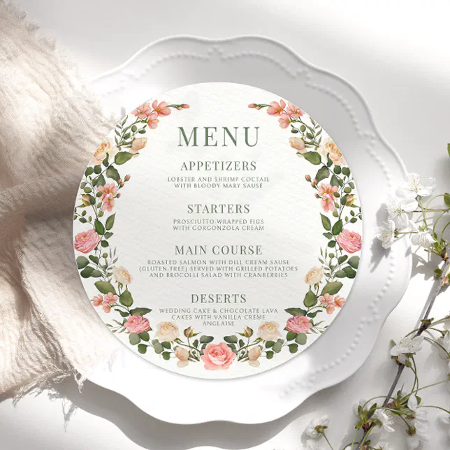 Pink green roses floral round Menu Card Plate | Zazzle