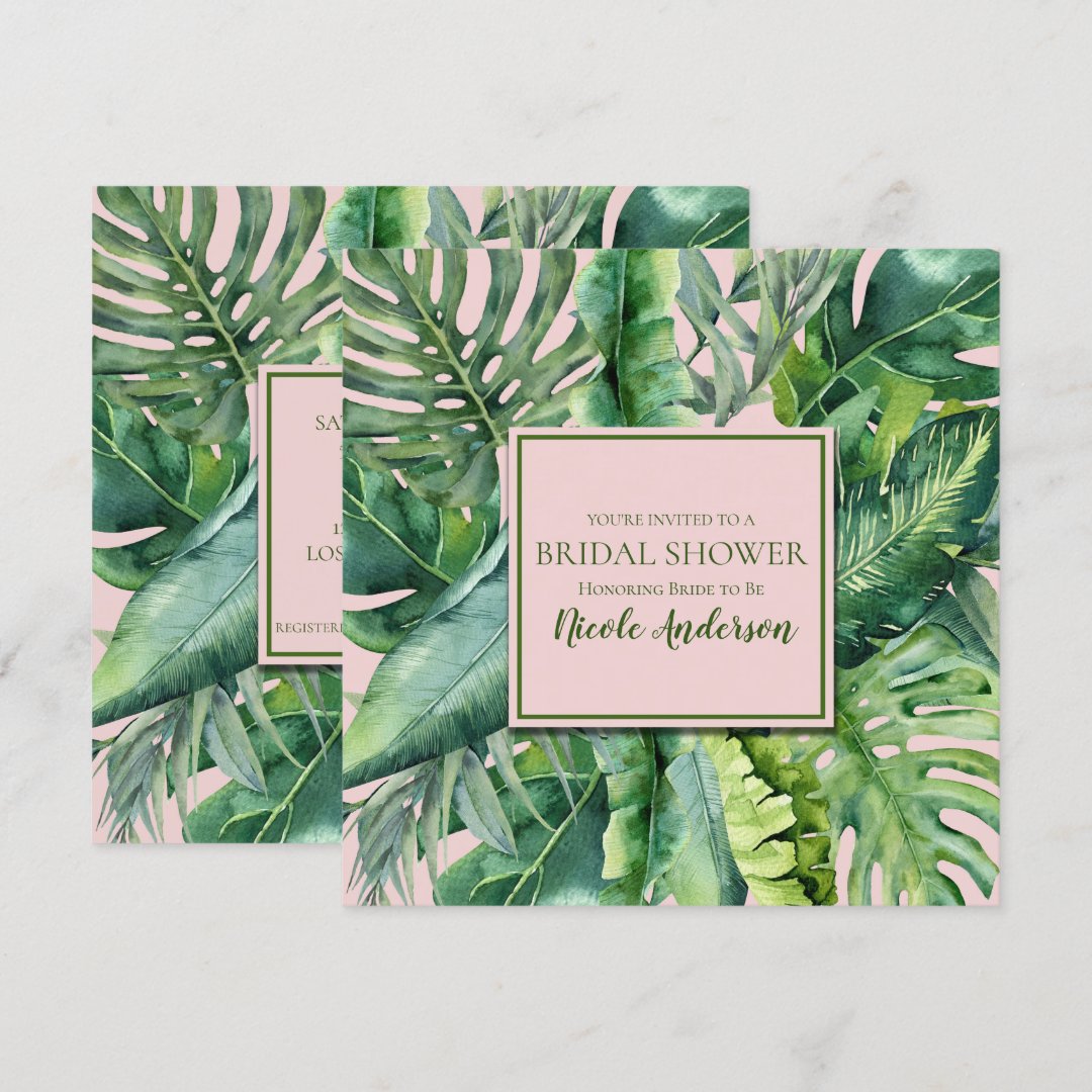 Pink & Green Tropical Leaves Bridal Shower Invitation | Zazzle