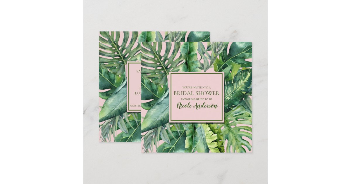 Pink & Green Tropical Leaves Bridal Shower Invitation | Zazzle