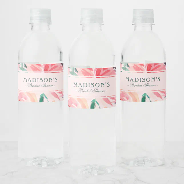 Pink Green Watercolor Floral Bridal Shower Water Bottle Label | Zazzle