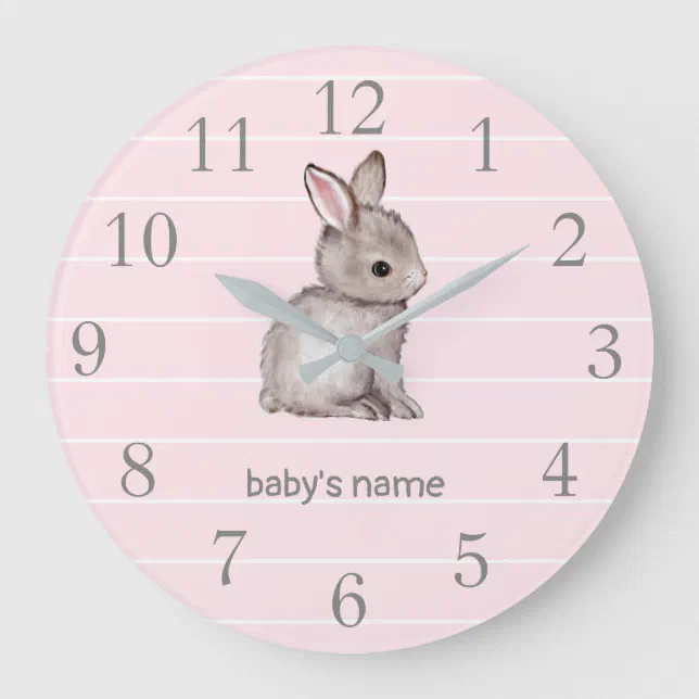Pink Grey Bunny Nursery Decor Wall Clock | Zazzle