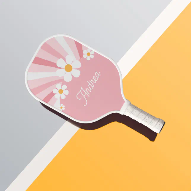 Pink Groovy Daisy Retro 70s Add Custom Name Girly Pickleball Paddle ...